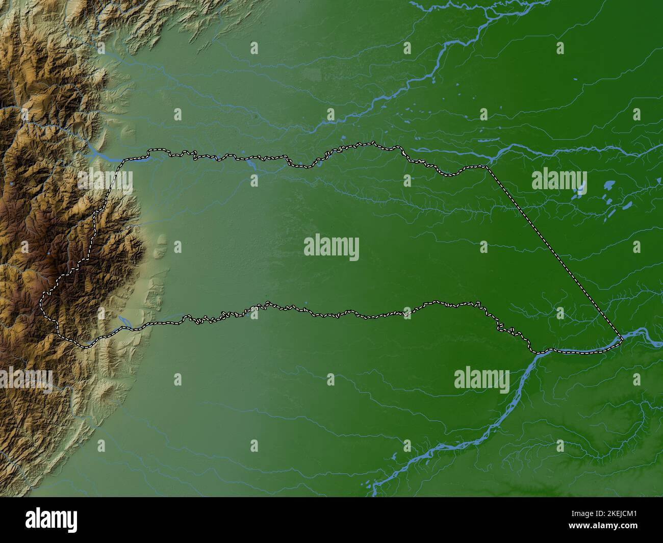 Arauca, intendancy of Colombia. Colored elevation map with lakes and ...