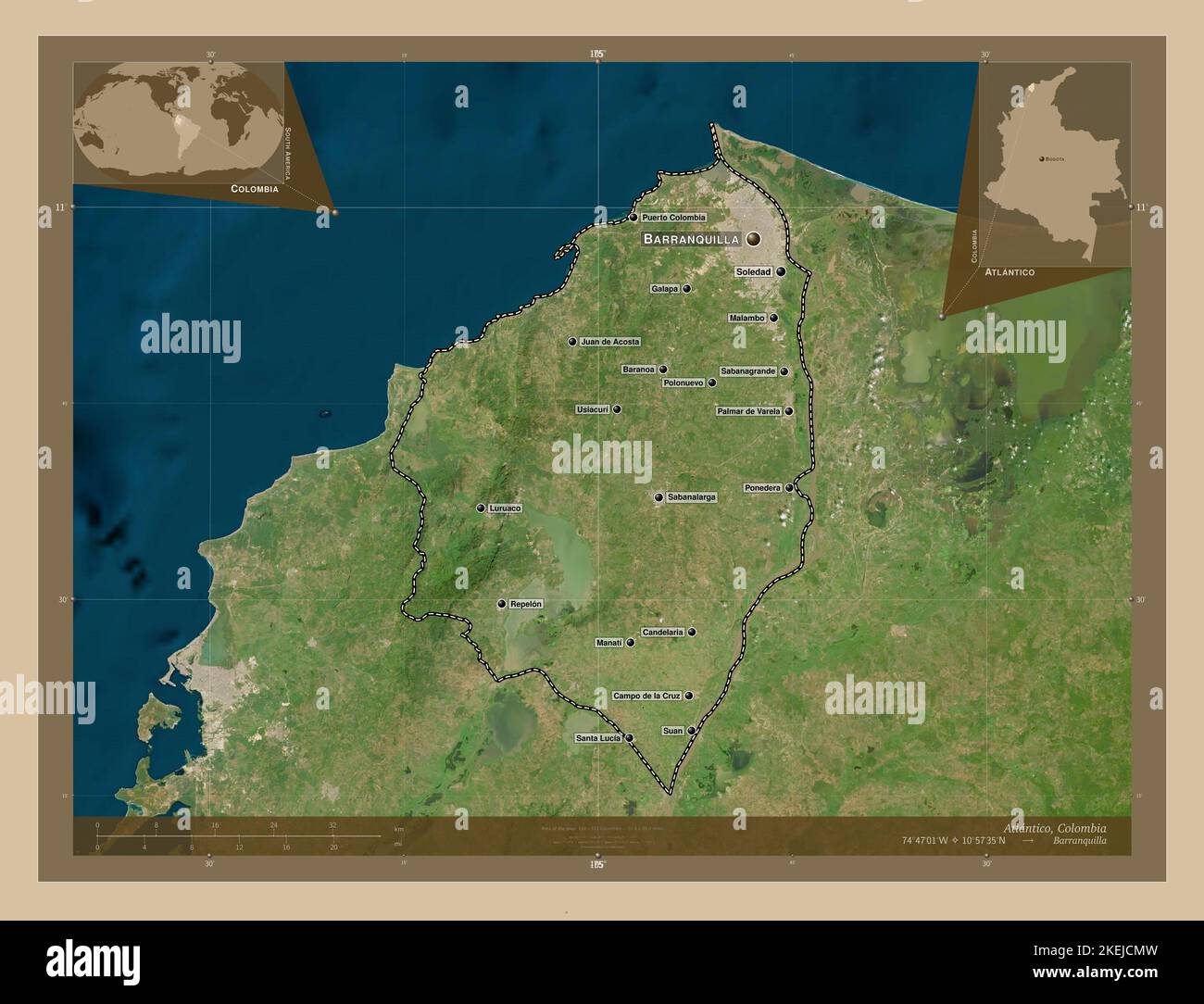 Atlantico, department of Colombia. Low resolution satellite map ...