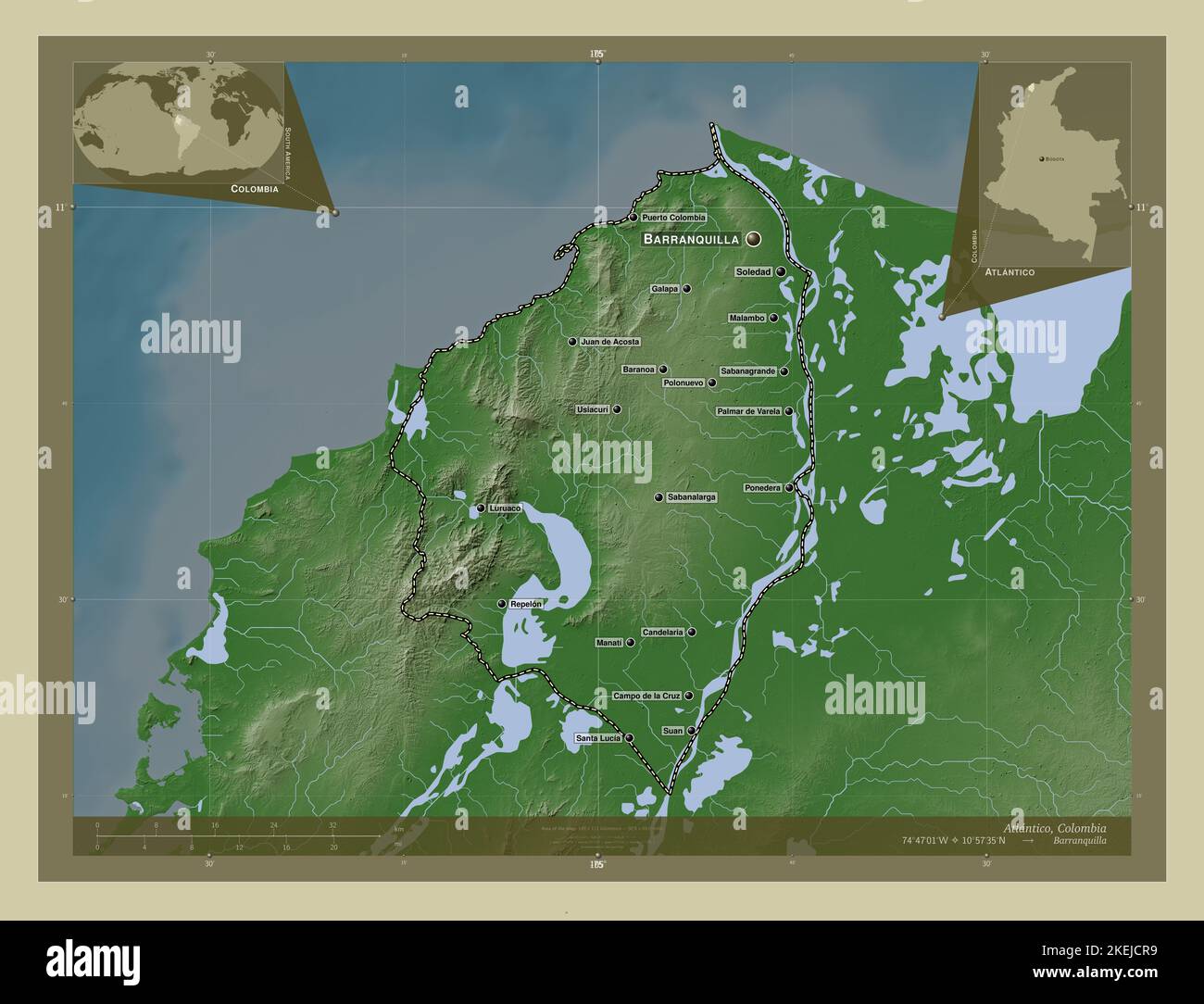 Atlantico, department of Colombia. Elevation map colored in wiki style ...