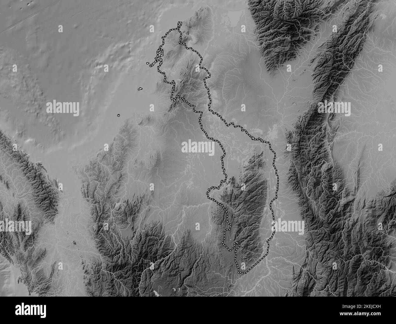 Bolivar, department of Colombia. Grayscale elevation map with lakes and ...