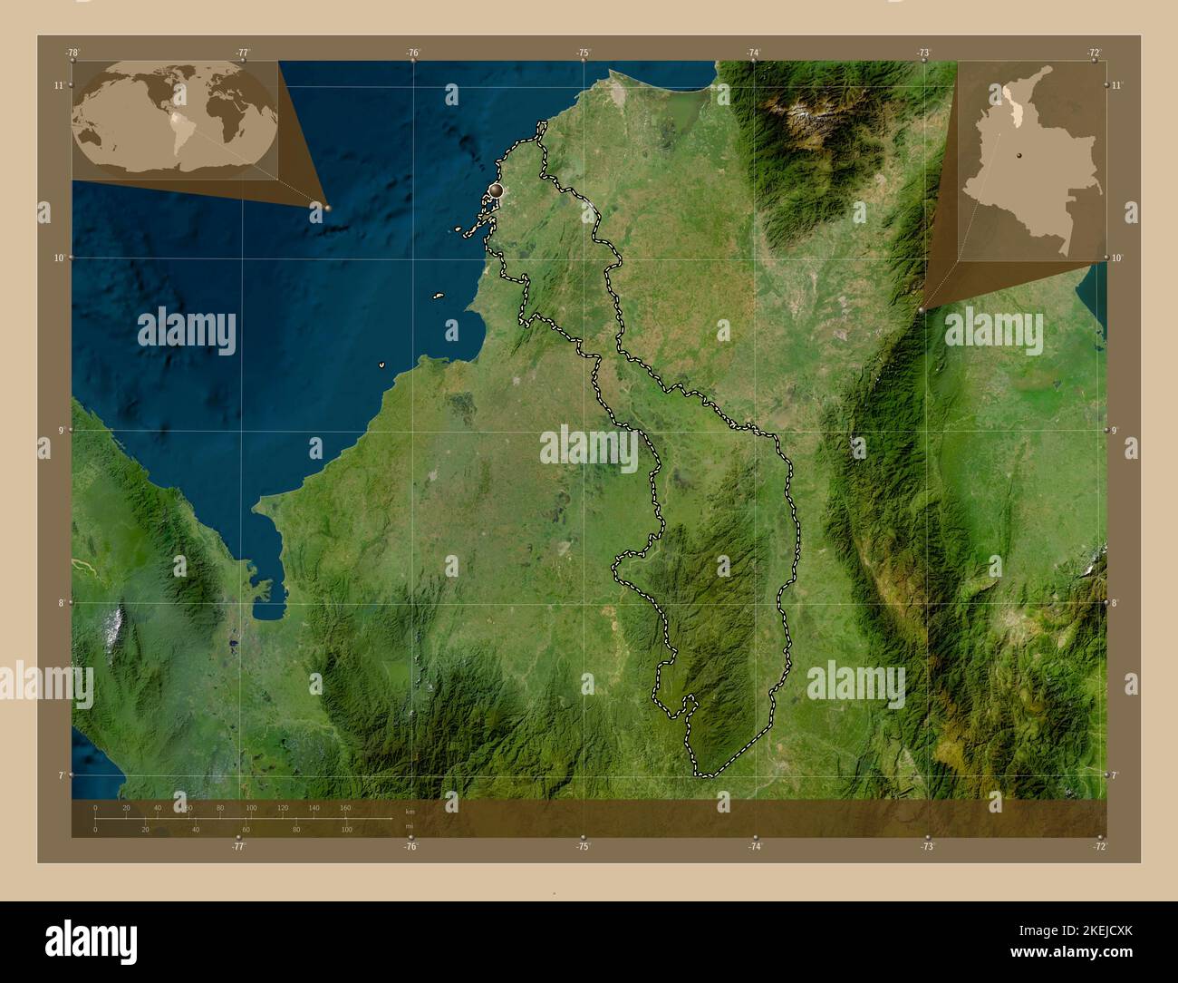 Bolivar, department of Colombia. Low resolution satellite map. Corner ...