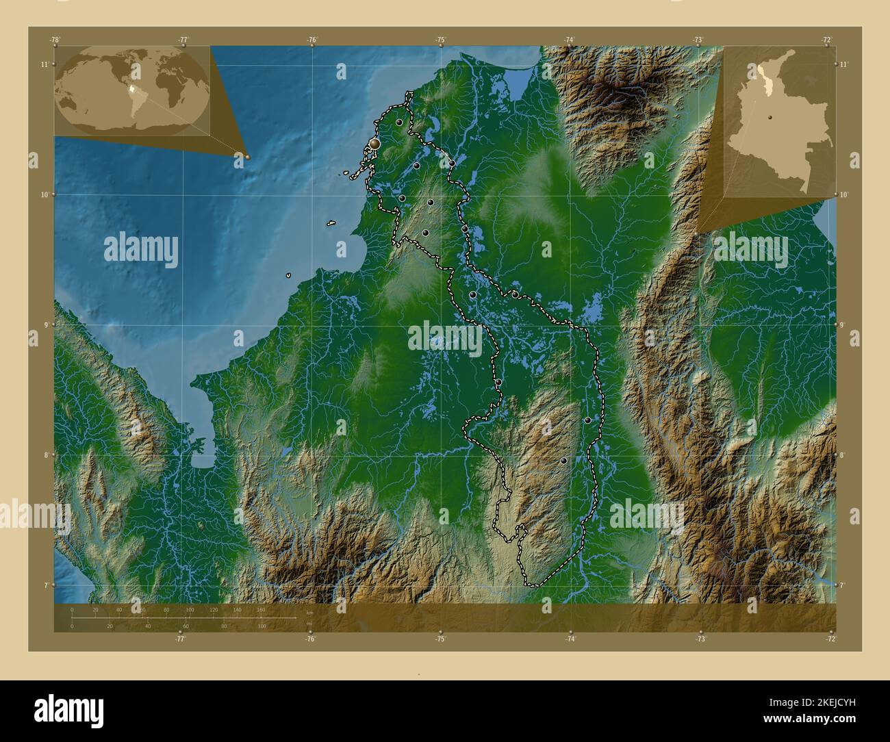 Bolivar, department of Colombia. Colored elevation map with lakes and ...