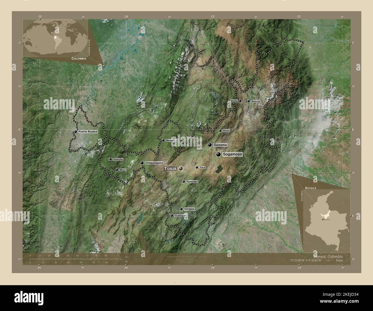 Boyaca, department of Colombia. High resolution satellite map. Locations and names of major ...