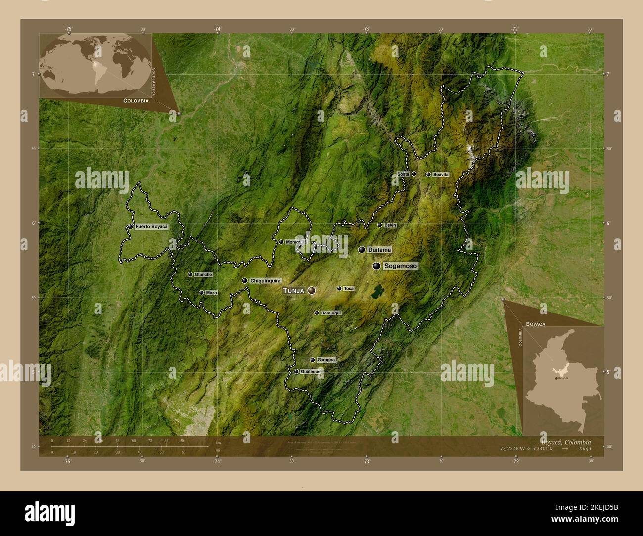 Boyaca, department of Colombia. Low resolution satellite map. Locations ...