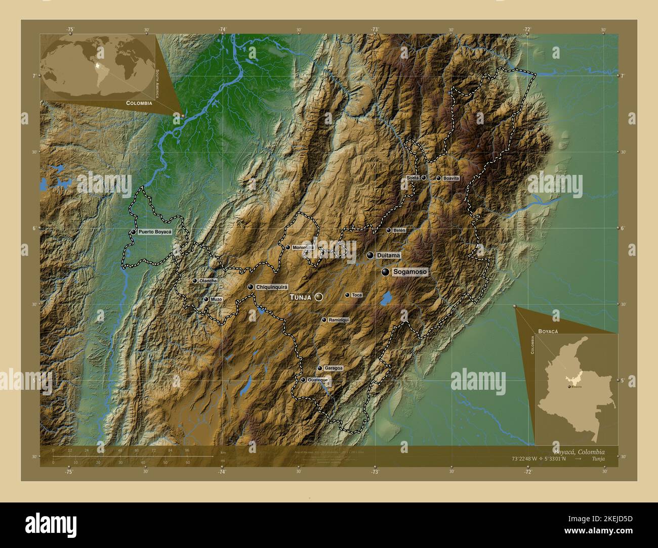 Boyaca, department of Colombia. Colored elevation map with lakes and ...