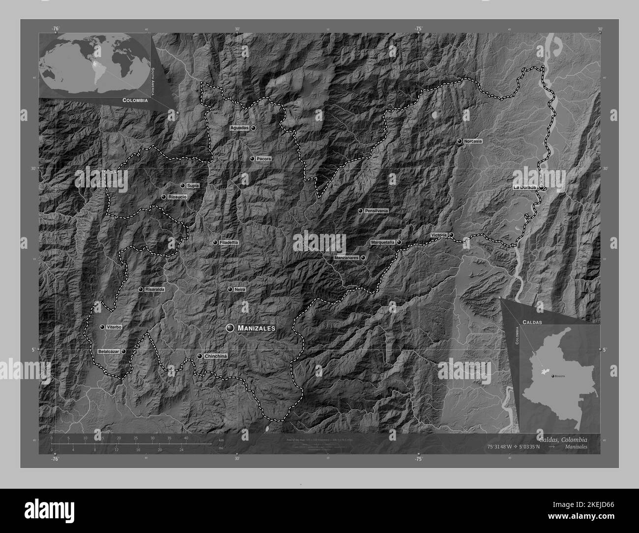 Caldas, department of Colombia. Grayscale elevation map with lakes and ...