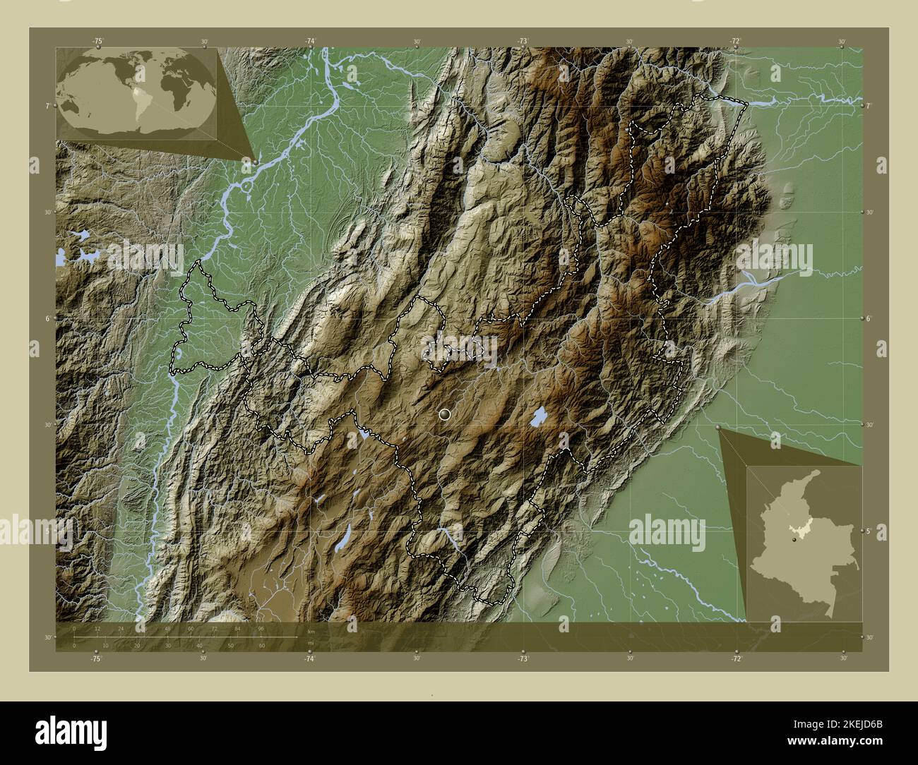 Boyaca, department of Colombia. Elevation map colored in wiki style with lakes and rivers ...