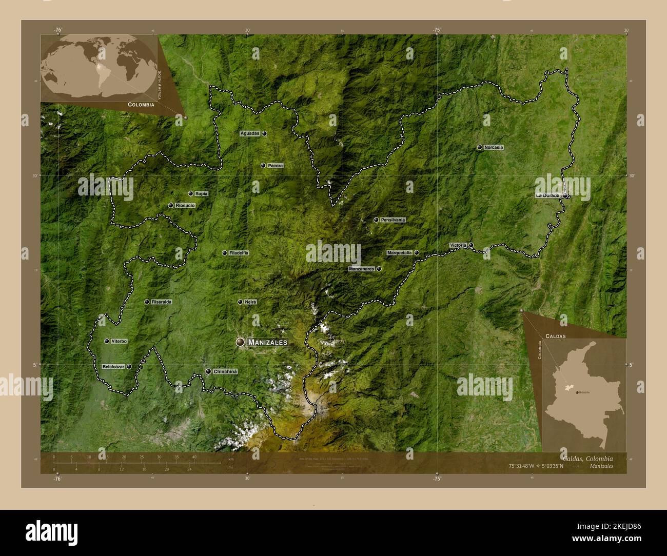 Caldas, department of Colombia. Low resolution satellite map. Locations ...