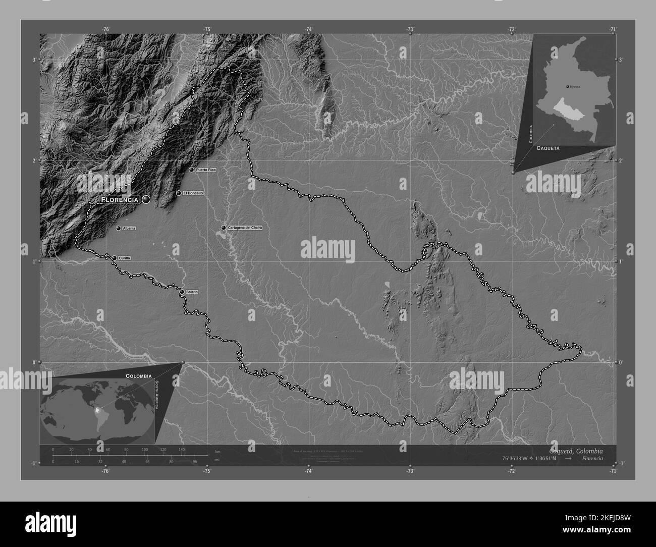 Caqueta, intendancy of Colombia. Bilevel elevation map with lakes and ...