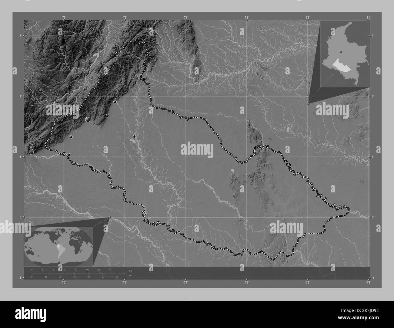 Caqueta, intendancy of Colombia. Grayscale elevation map with lakes and ...