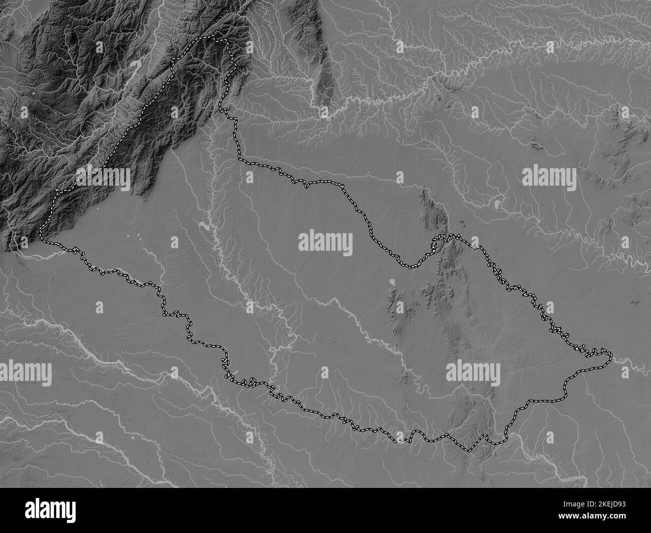 Caqueta, intendancy of Colombia. Grayscale elevation map with lakes and ...