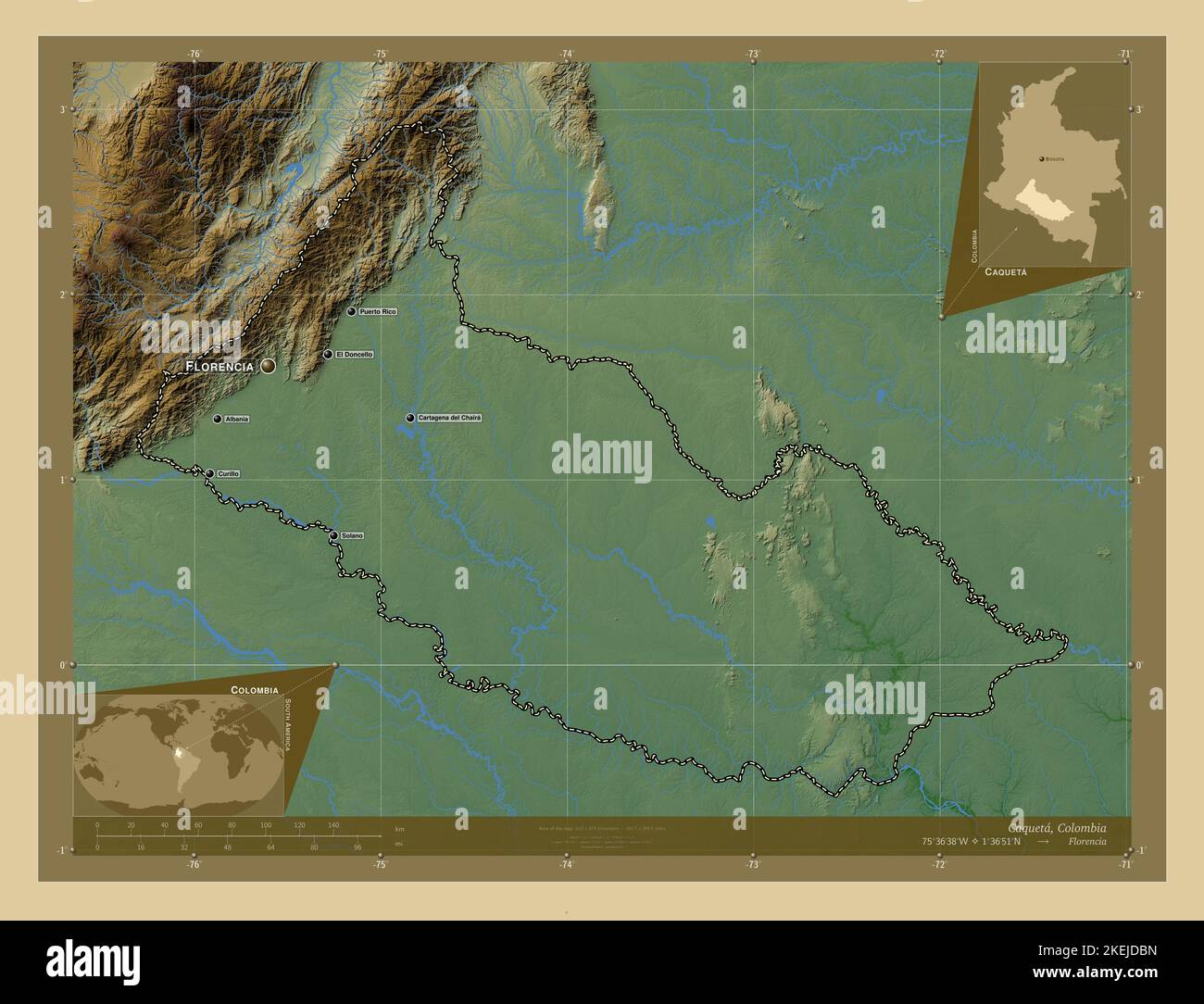 Caqueta, intendancy of Colombia. Colored elevation map with lakes and ...