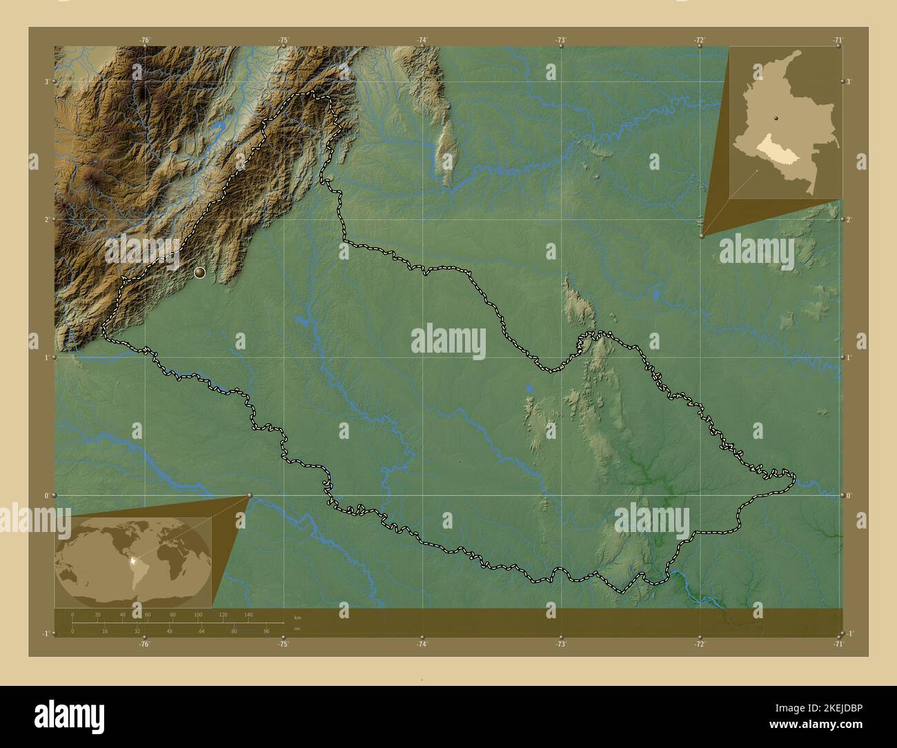 Caqueta, intendancy of Colombia. Colored elevation map with lakes and ...