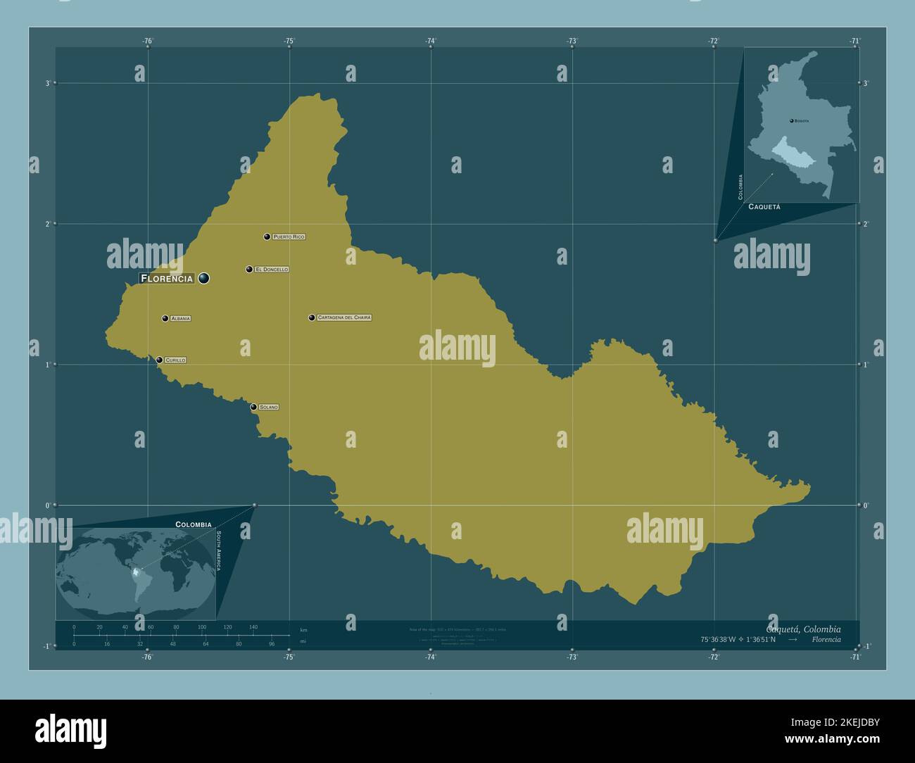 Caqueta, intendancy of Colombia. Solid color shape. Locations and names ...