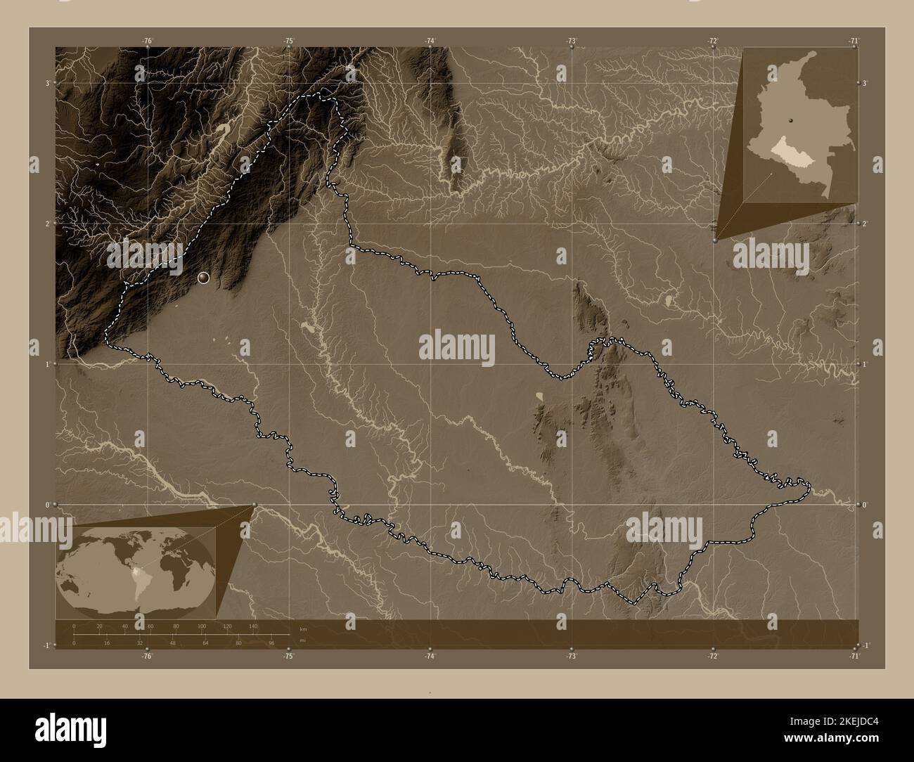 Caqueta, intendancy of Colombia. Elevation map colored in sepia tones ...