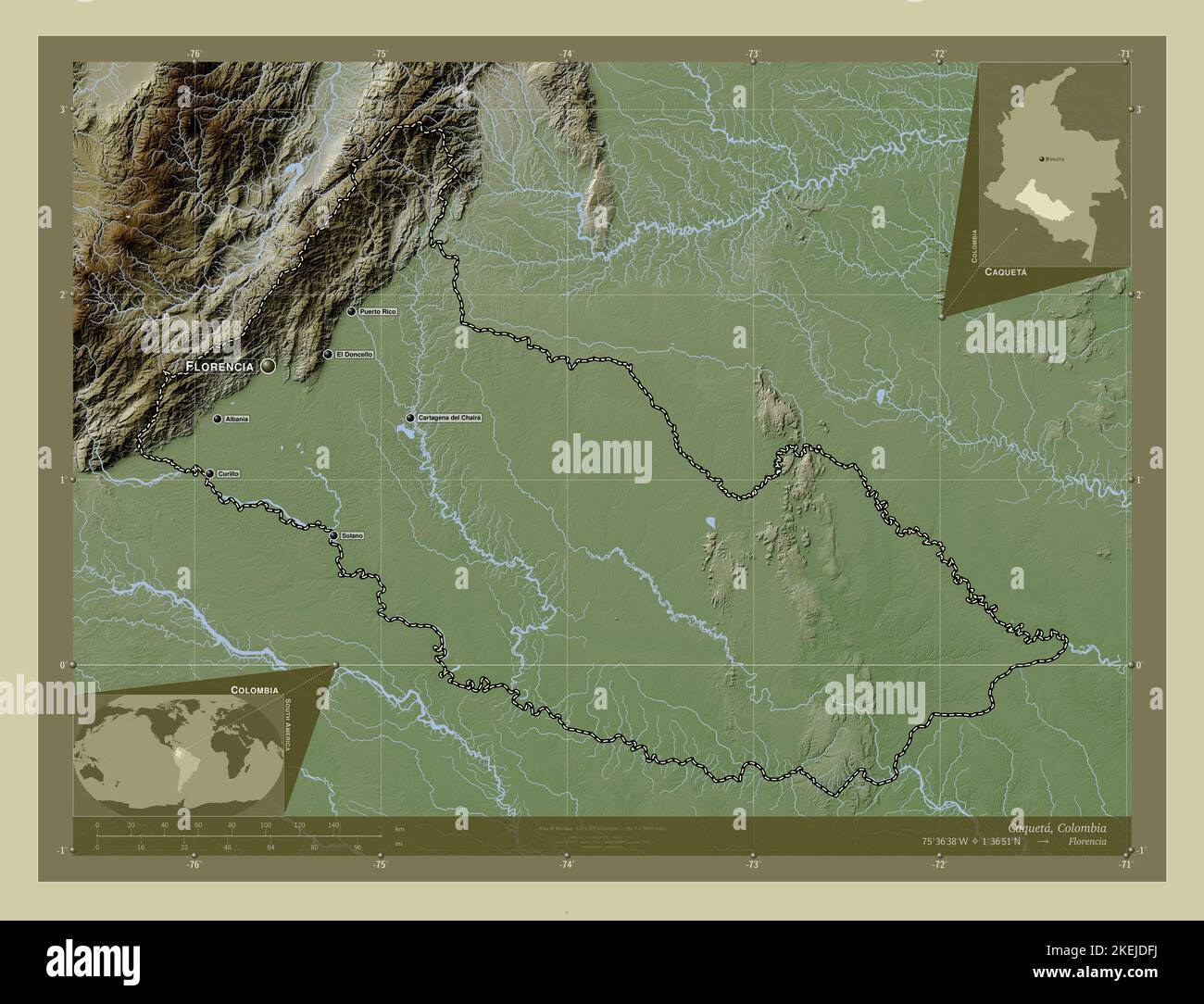Caqueta, intendancy of Colombia. Elevation map colored in wiki style ...