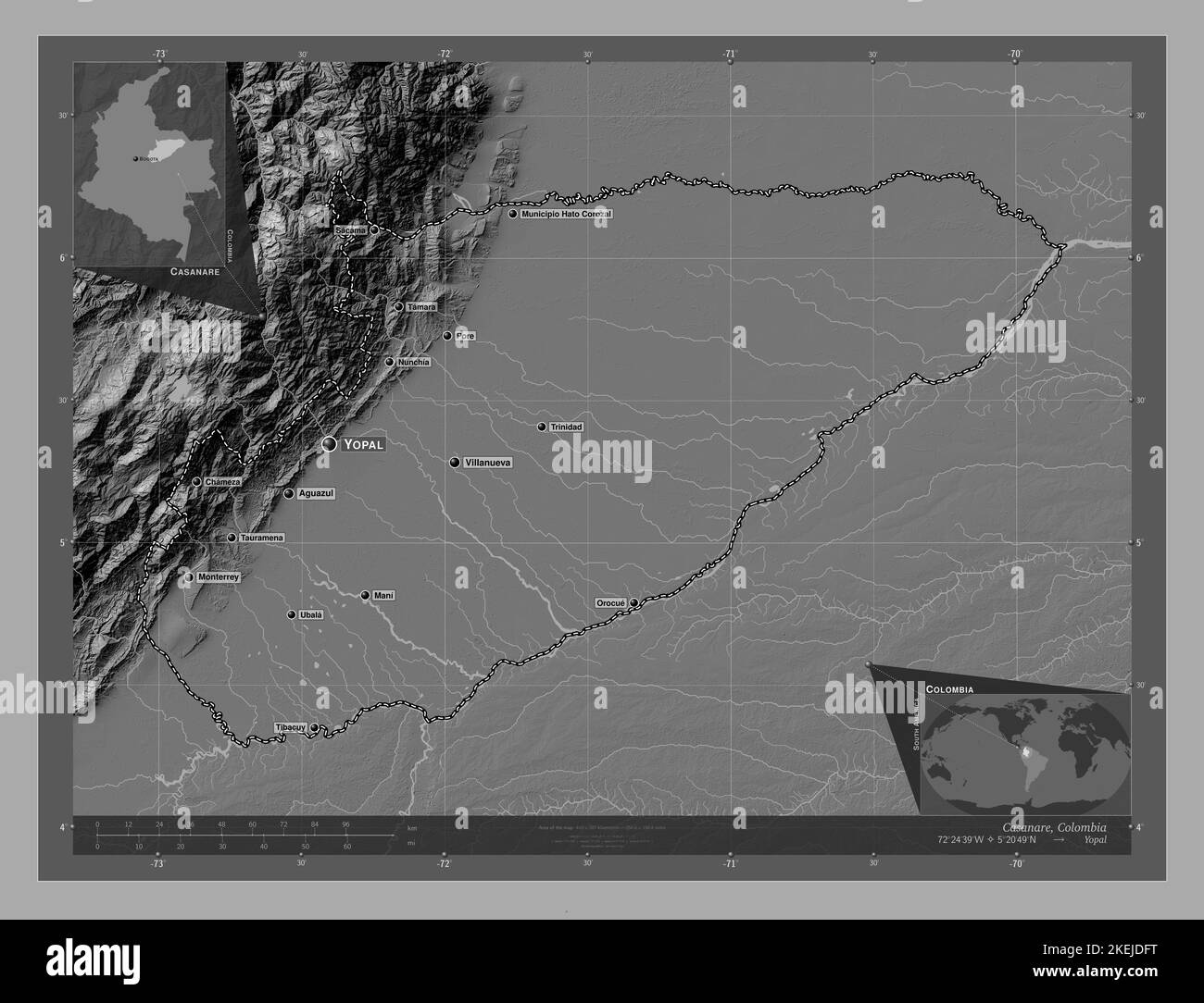 Casanare, intendancy of Colombia. Bilevel elevation map with lakes and ...