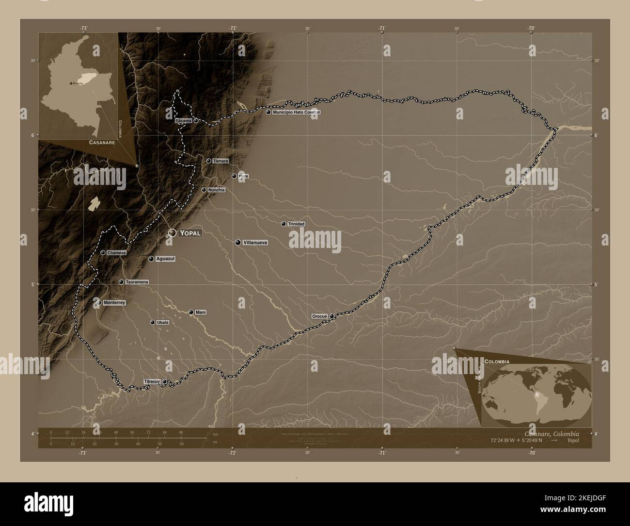 Casanare, intendancy of Colombia. Elevation map colored in sepia tones ...