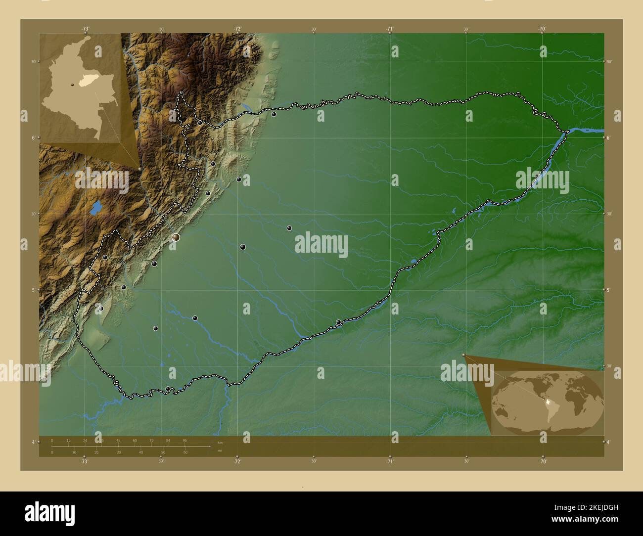 Casanare, intendancy of Colombia. Colored elevation map with lakes and ...