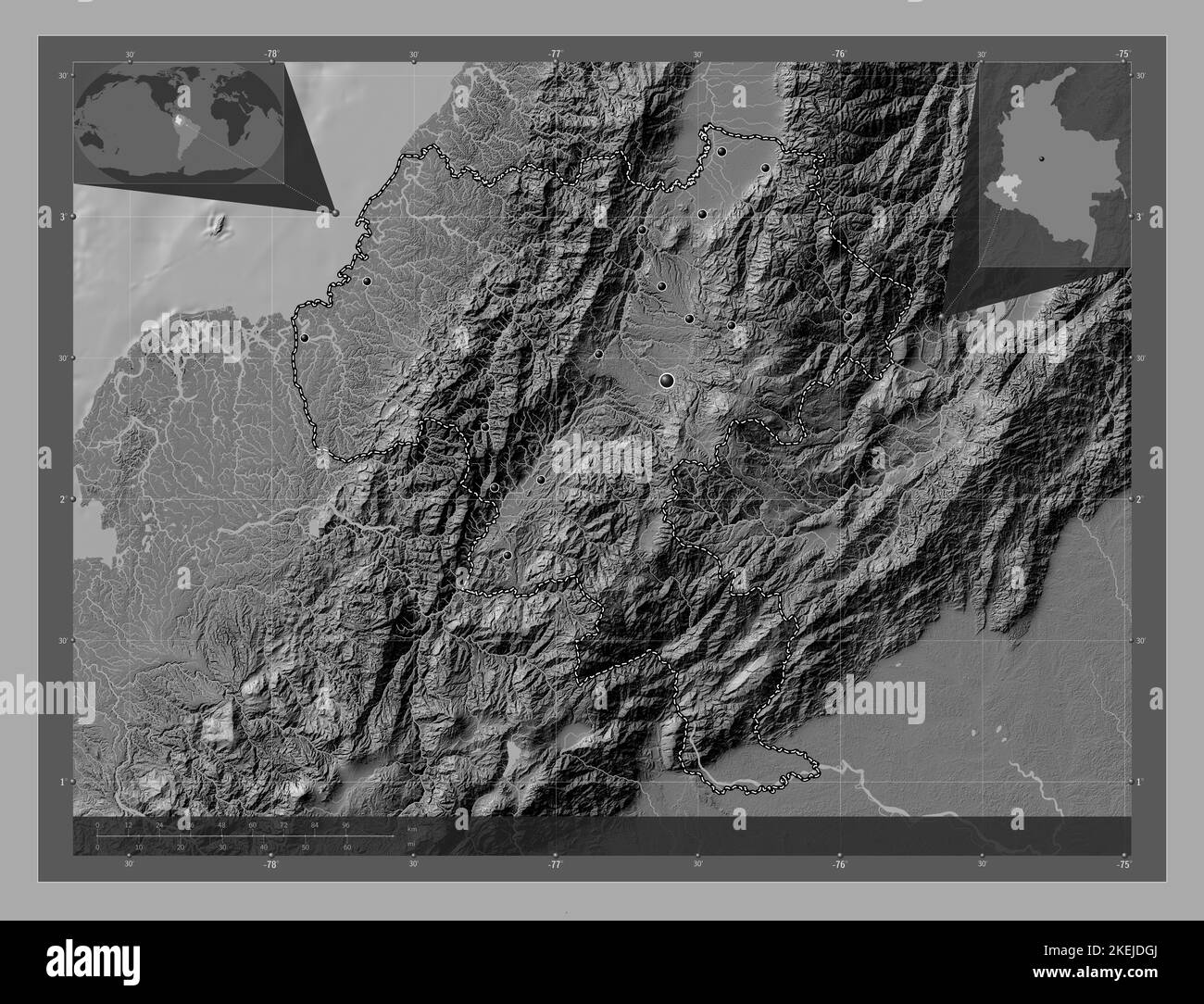 Cauca, department of Colombia. Bilevel elevation map with lakes and ...