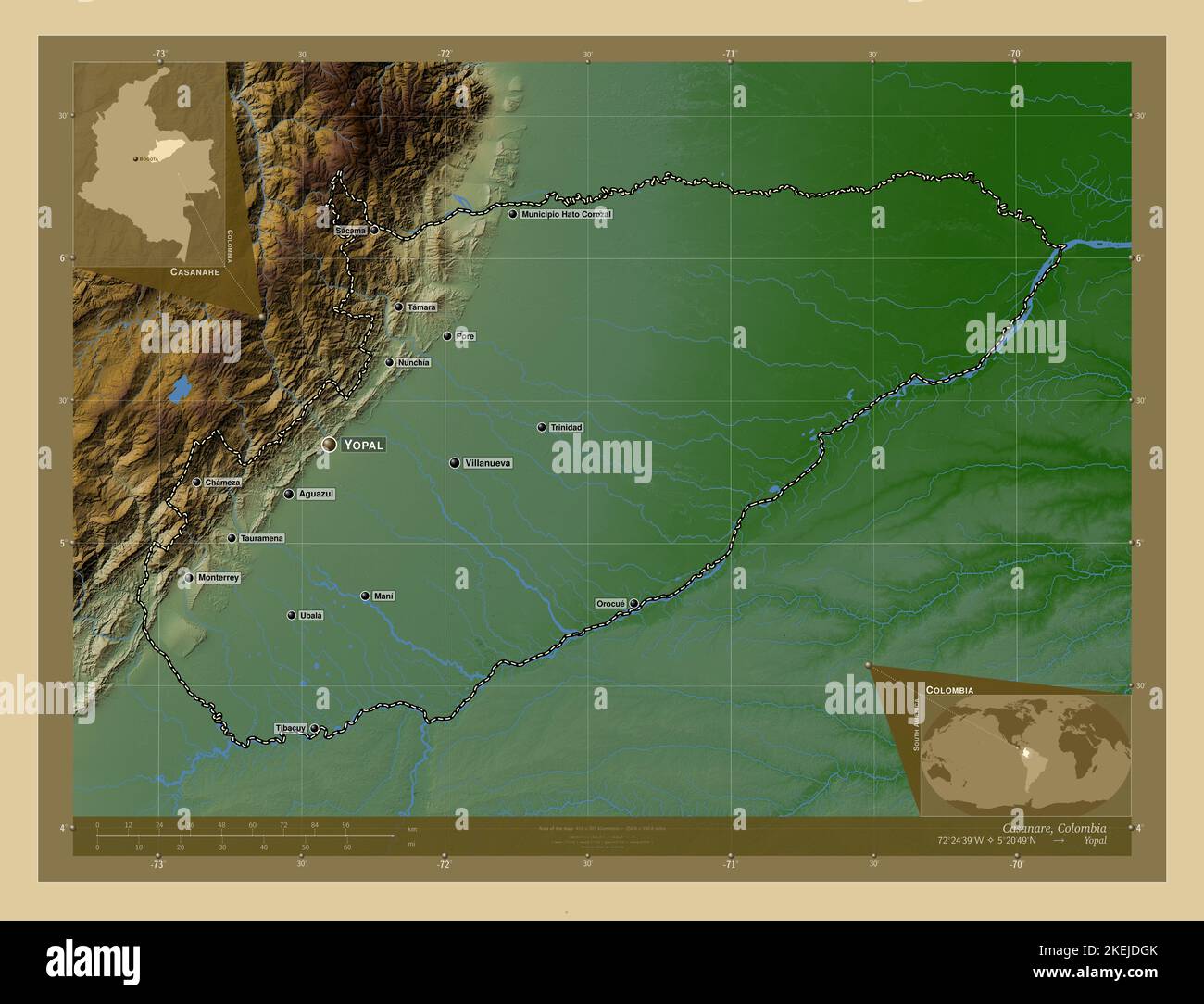Casanare, intendancy of Colombia. Colored elevation map with lakes and ...