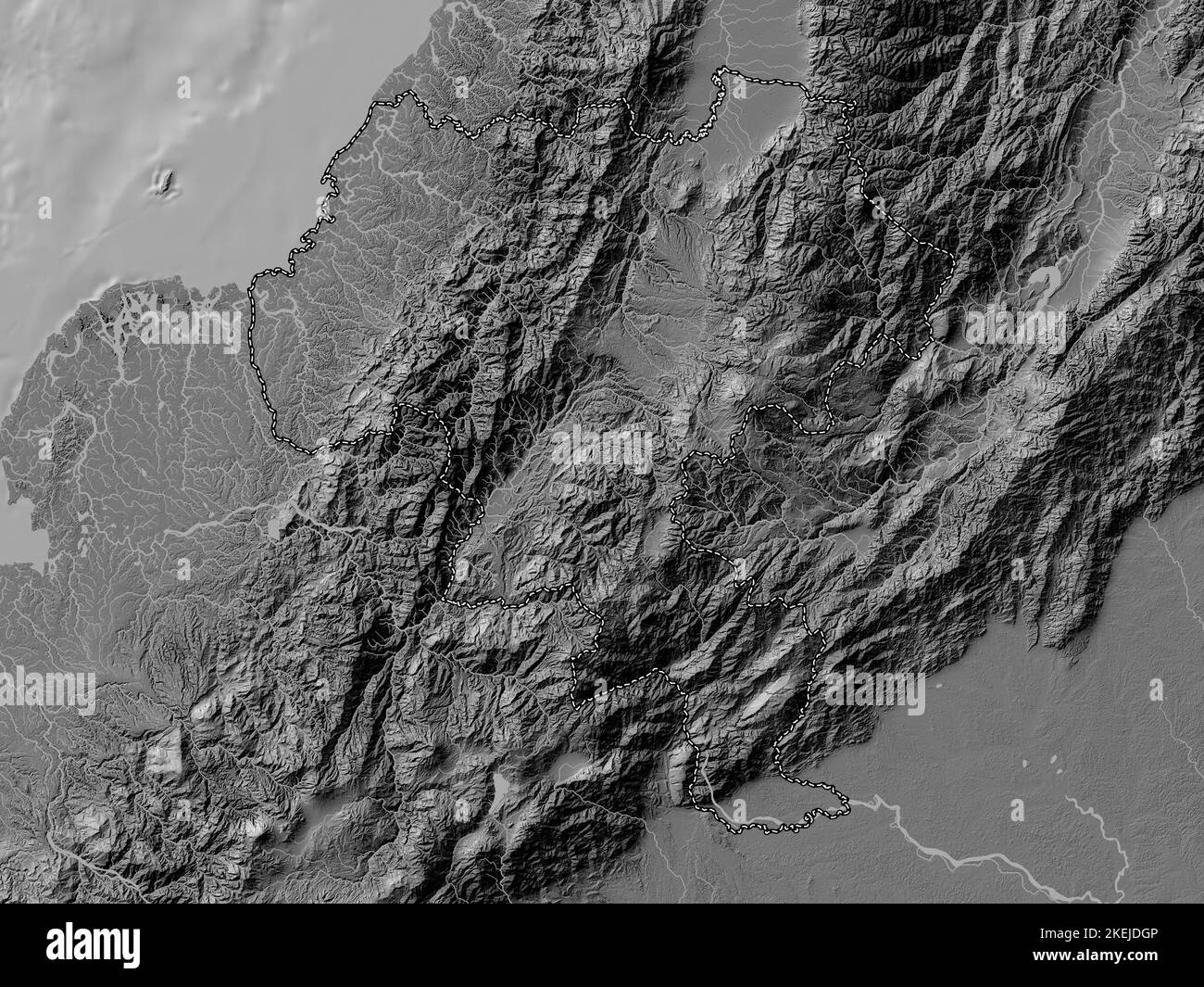 Cauca, department of Colombia. Bilevel elevation map with lakes and ...