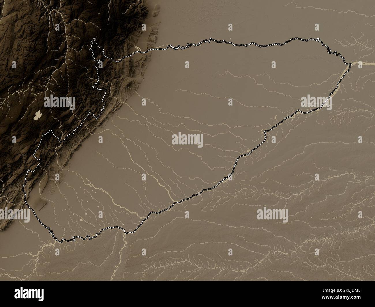 Casanare, intendancy of Colombia. Elevation map colored in sepia tones ...