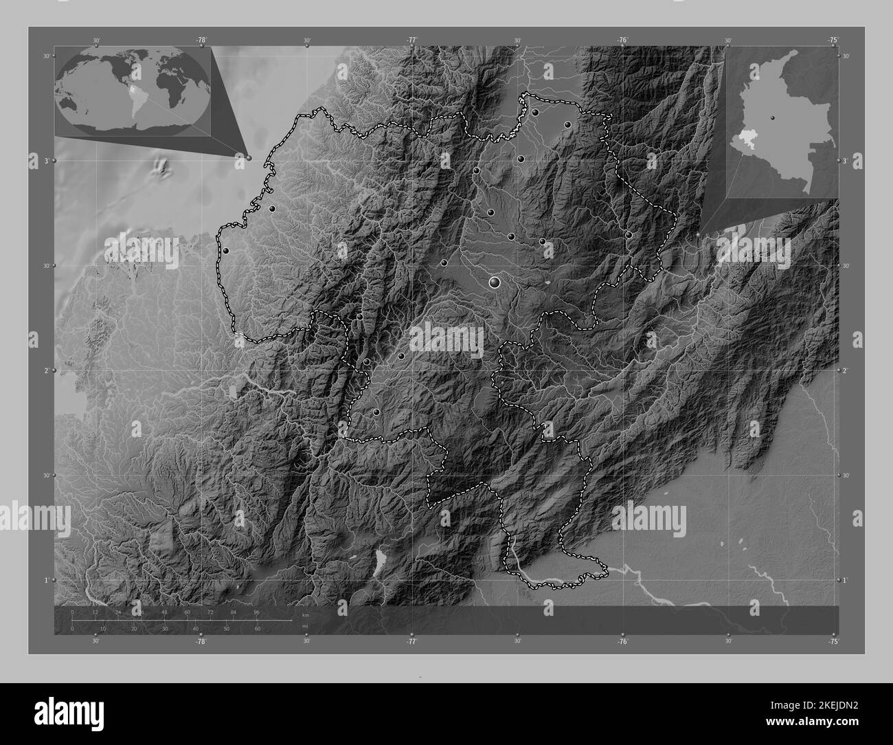 Cauca, department of Colombia. Grayscale elevation map with lakes and ...