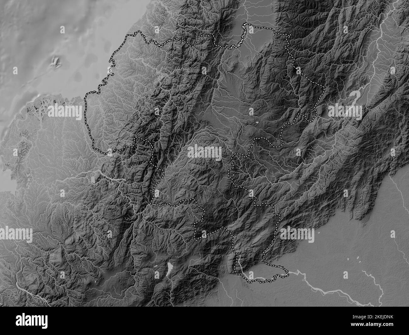 Cauca, department of Colombia. Grayscale elevation map with lakes and ...