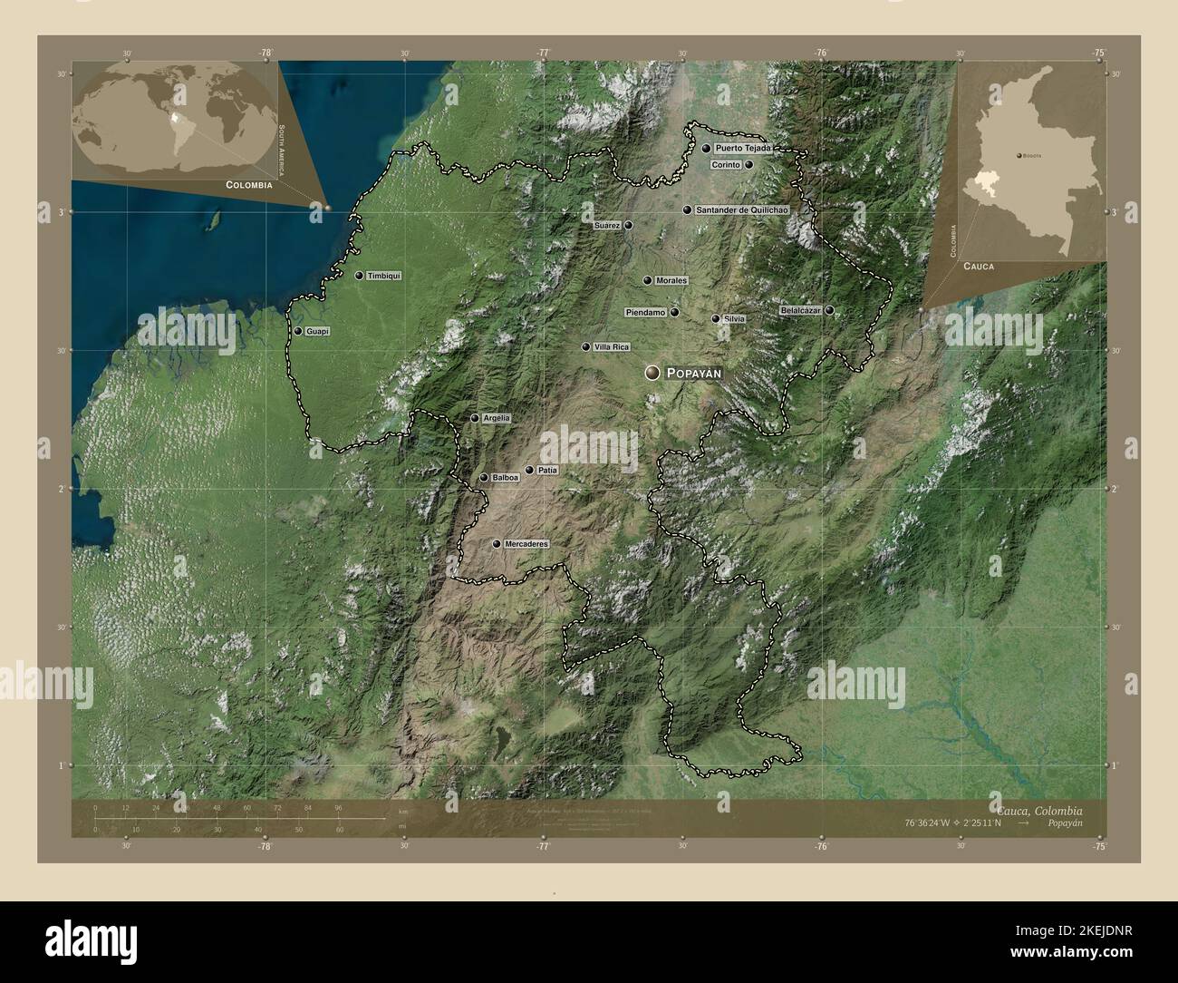 Cauca, department of Colombia. High resolution satellite map. Locations ...