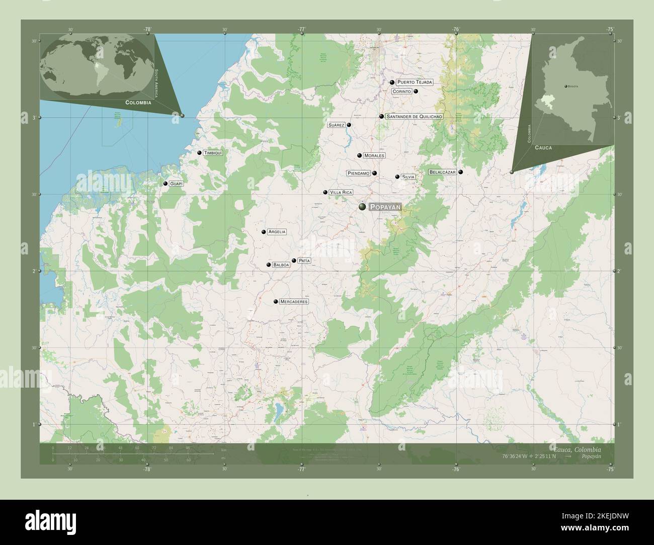 Cauca, department of Colombia. Open Street Map. Locations and names of ...