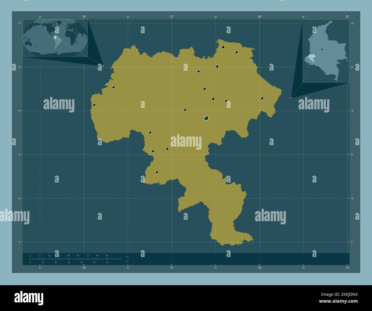 Cauca, department of Colombia. Solid color shape. Locations of major ...