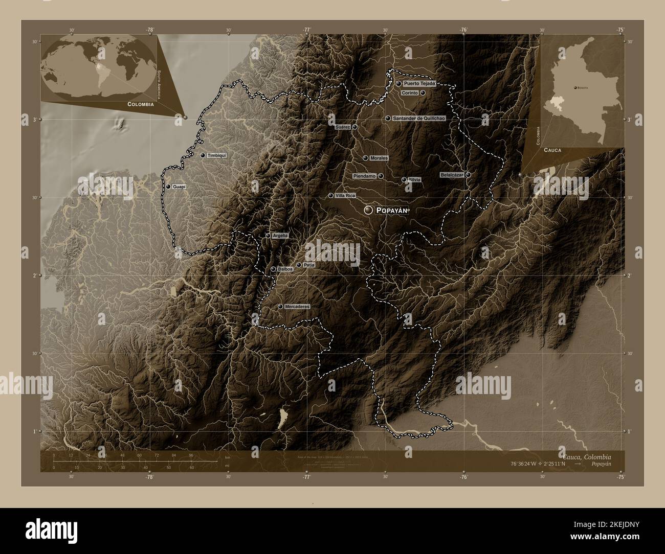 Cauca, department of Colombia. Elevation map colored in sepia tones ...