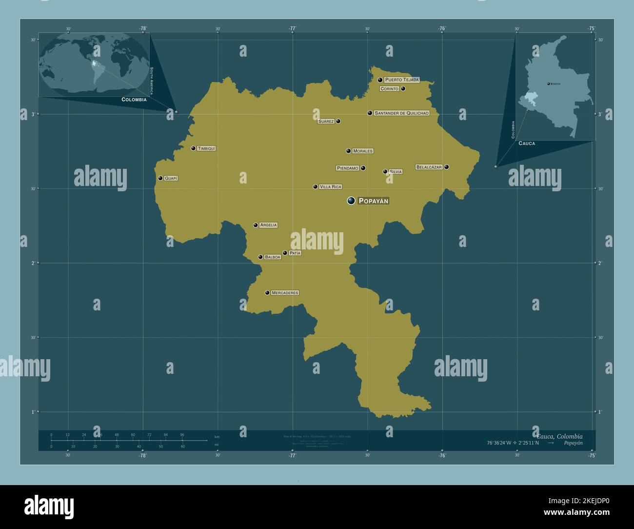 Cauca, department of Colombia. Solid color shape. Locations and names ...