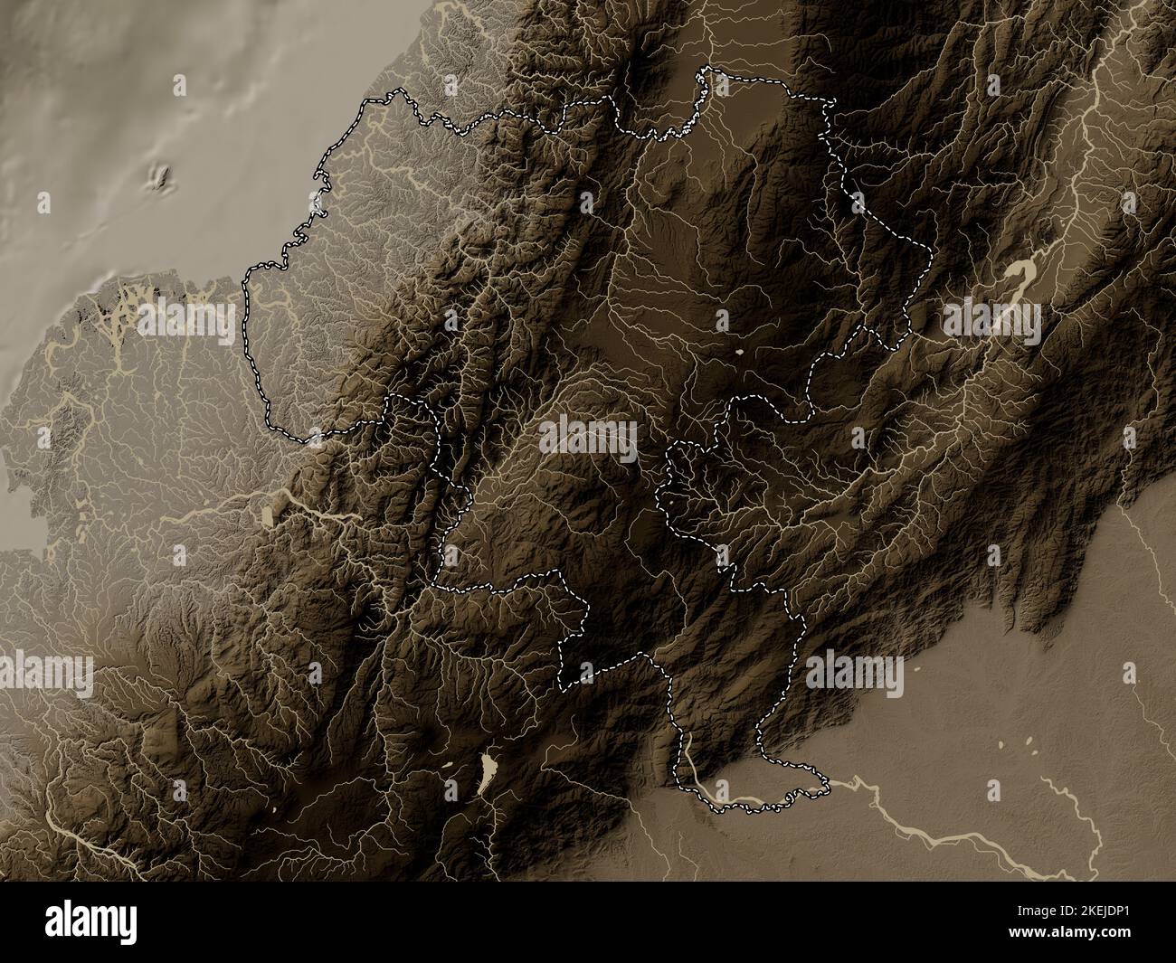 Cauca, department of Colombia. Elevation map colored in sepia tones ...