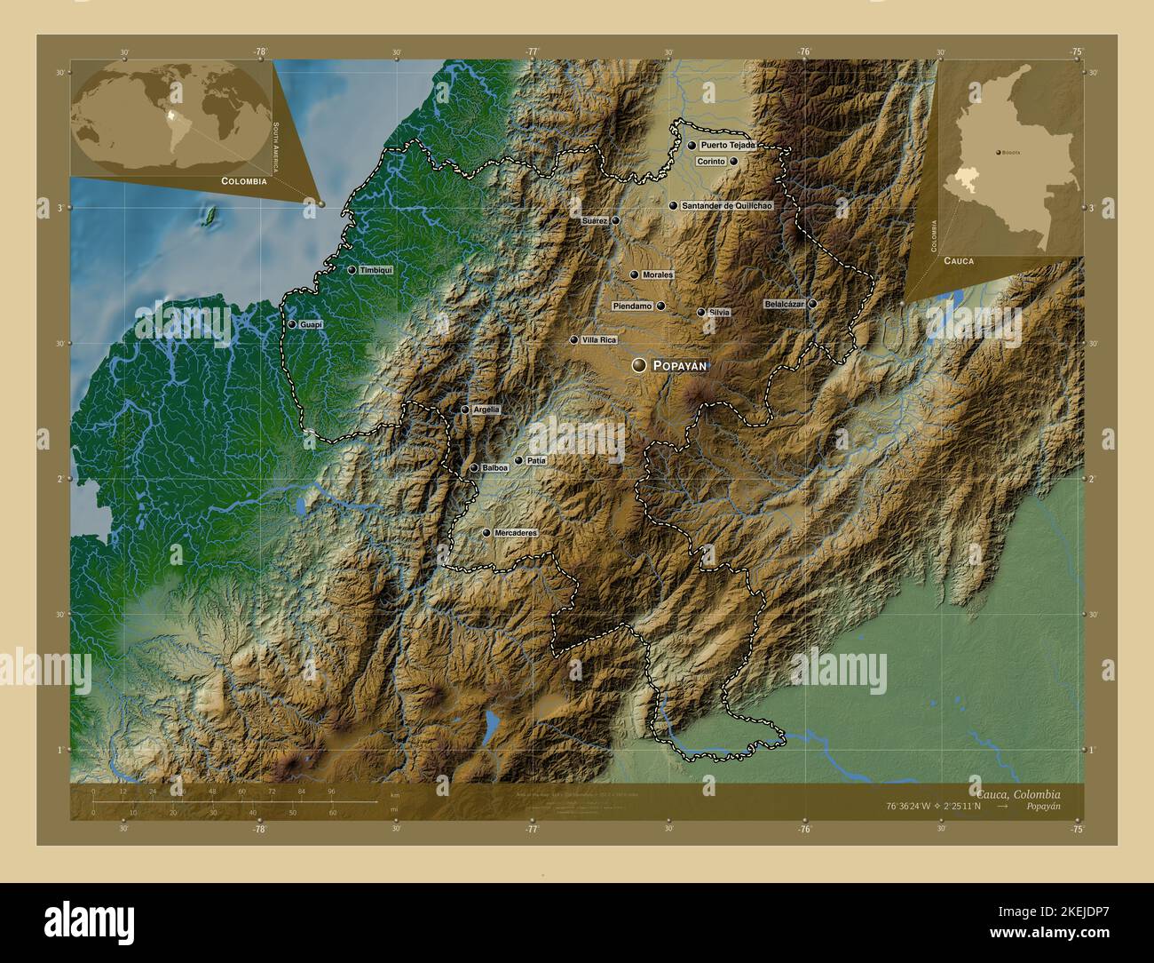 Cauca, department of Colombia. Colored elevation map with lakes and ...