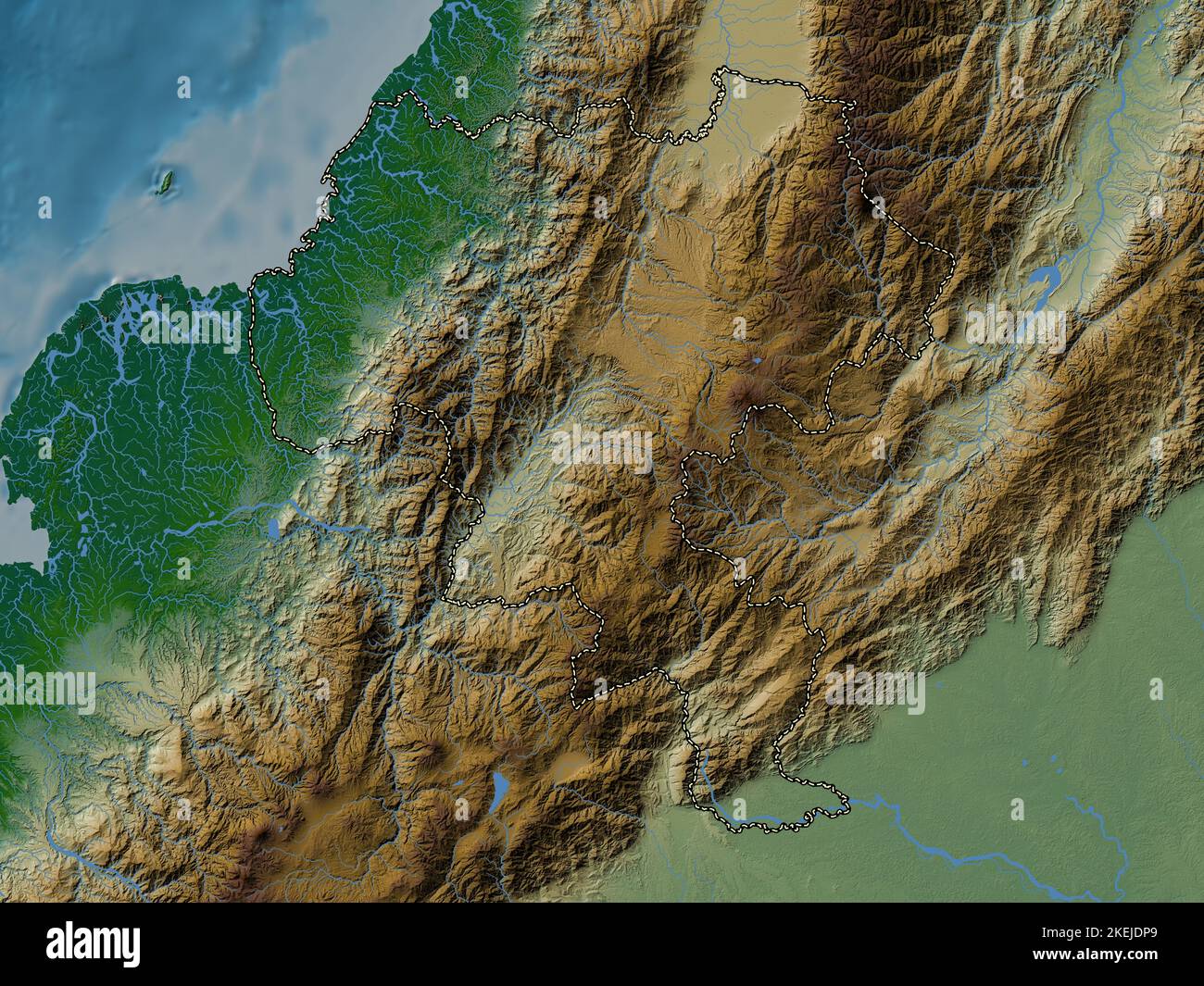Cauca, department of Colombia. Colored elevation map with lakes and ...