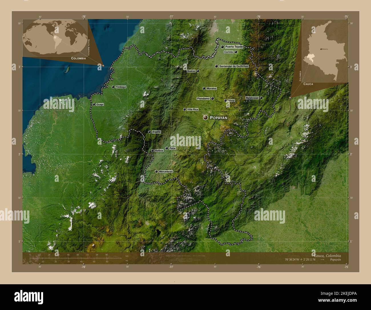 Cauca, department of Colombia. Low resolution satellite map. Locations ...
