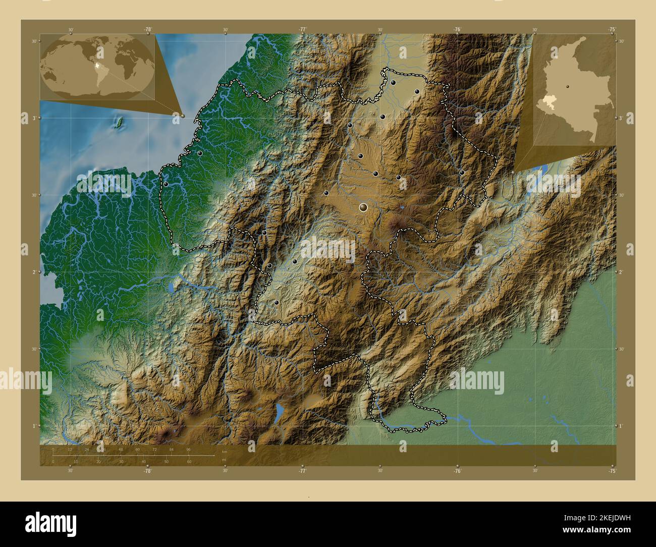 Cauca, department of Colombia. Colored elevation map with lakes and ...