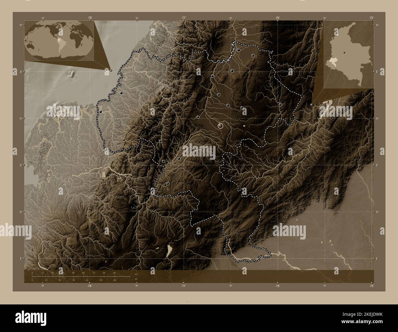 Cauca, department of Colombia. Elevation map colored in sepia tones ...