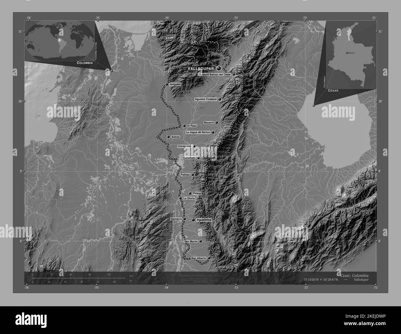 Cesar, department of Colombia. Bilevel elevation map with lakes and ...