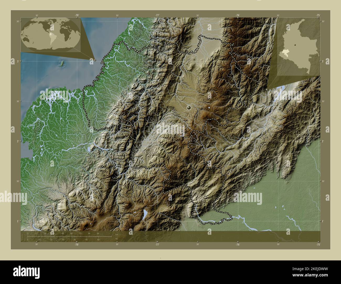 Cauca, department of Colombia. Elevation map colored in wiki style with lakes and rivers. Corner ...