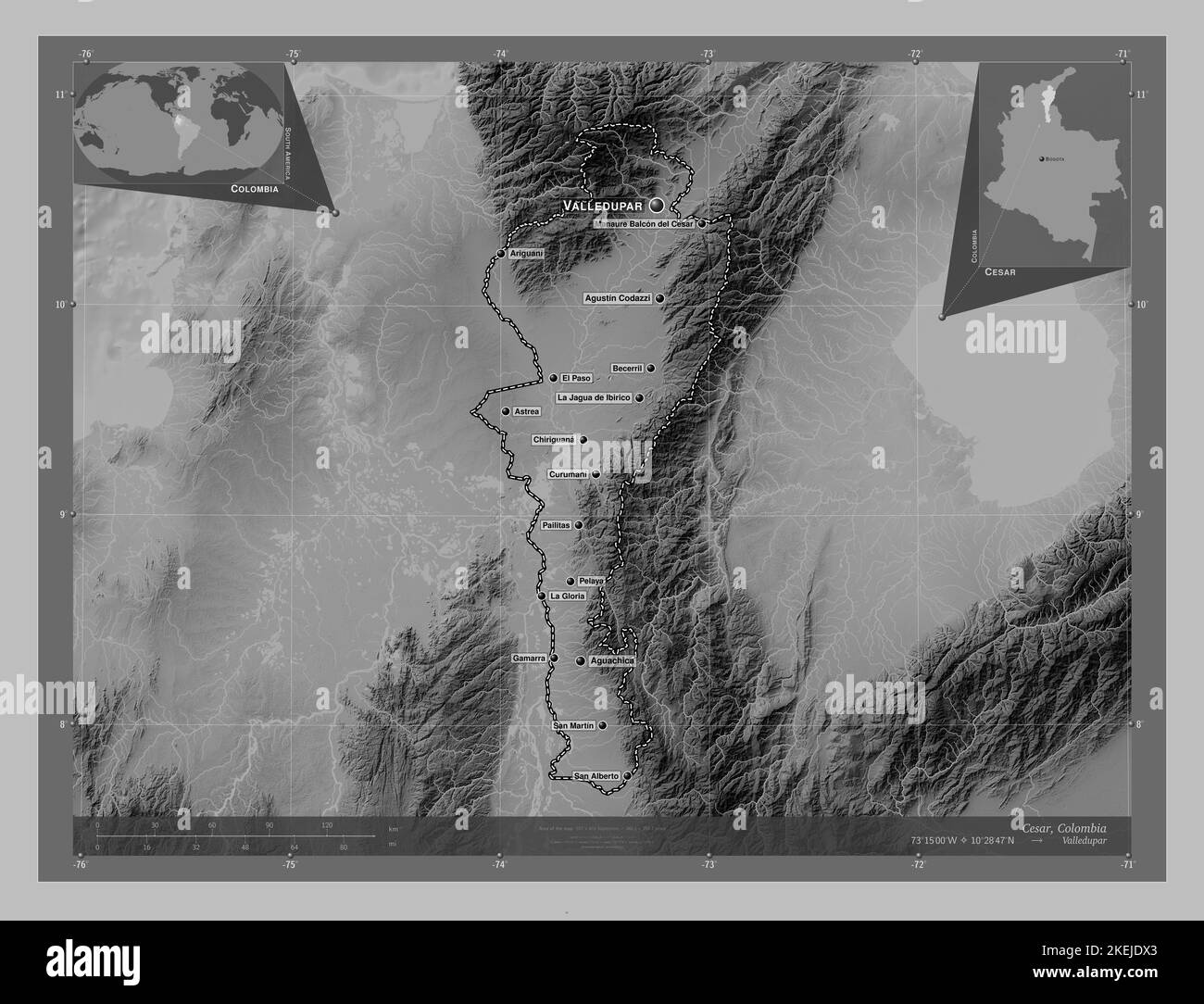 Cesar, department of Colombia. Grayscale elevation map with lakes and ...