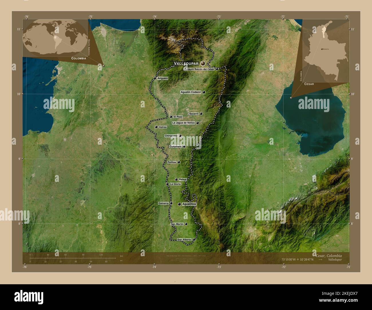 Cesar, department of Colombia. Low resolution satellite map. Locations ...