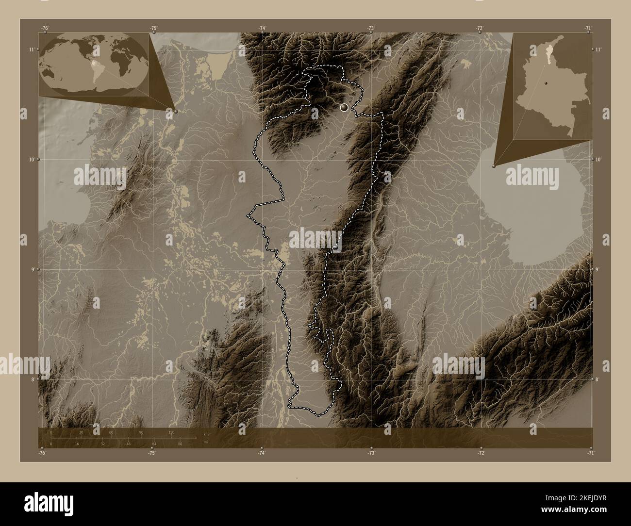 Cesar, department of Colombia. Elevation map colored in sepia tones ...