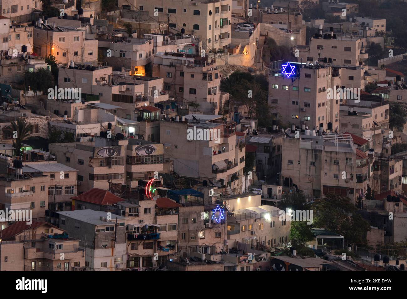 Blue neon-lit Stars of David installed outside buildings of Jewish ...