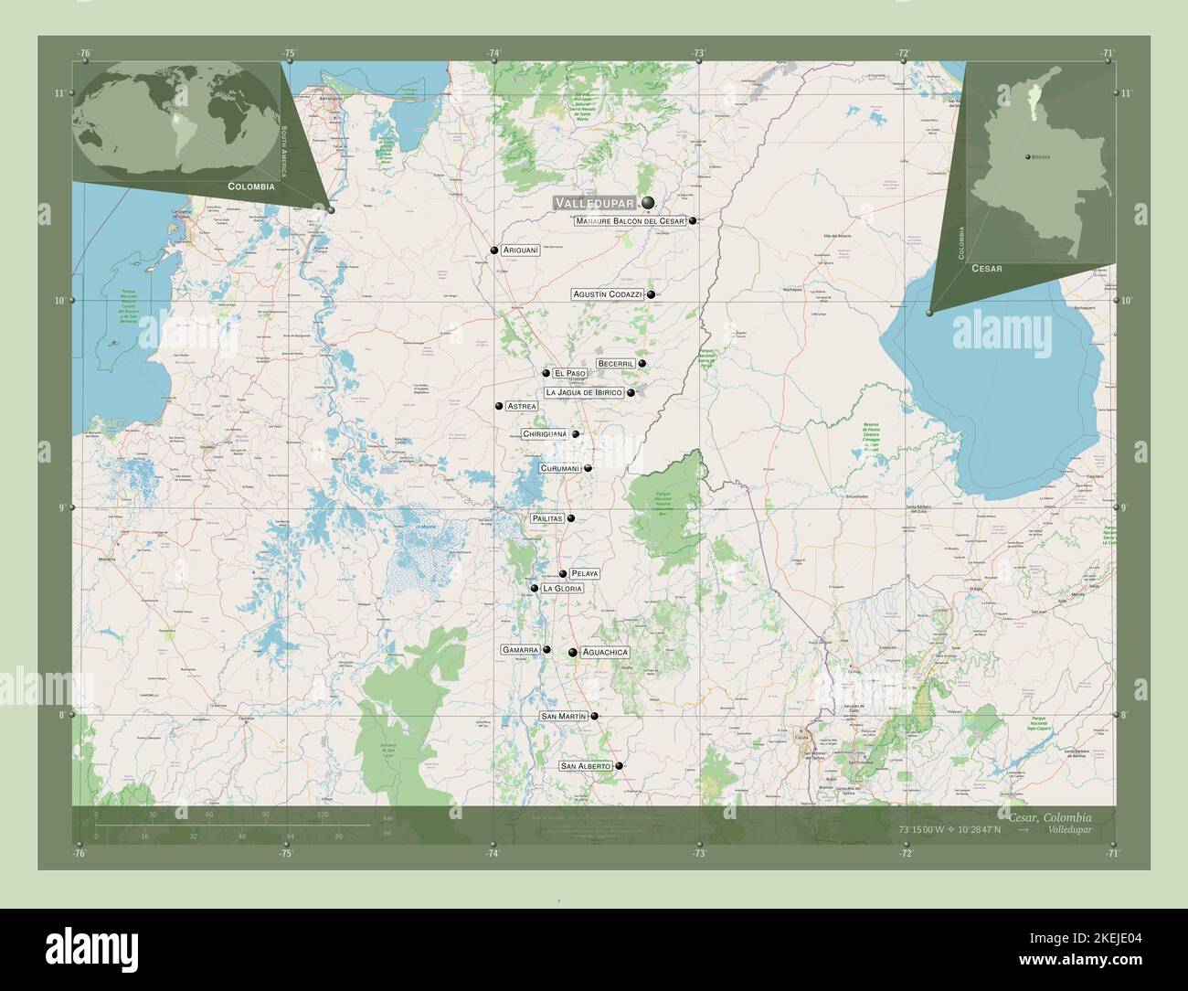 Cesar, department of Colombia. Open Street Map. Locations and names of ...