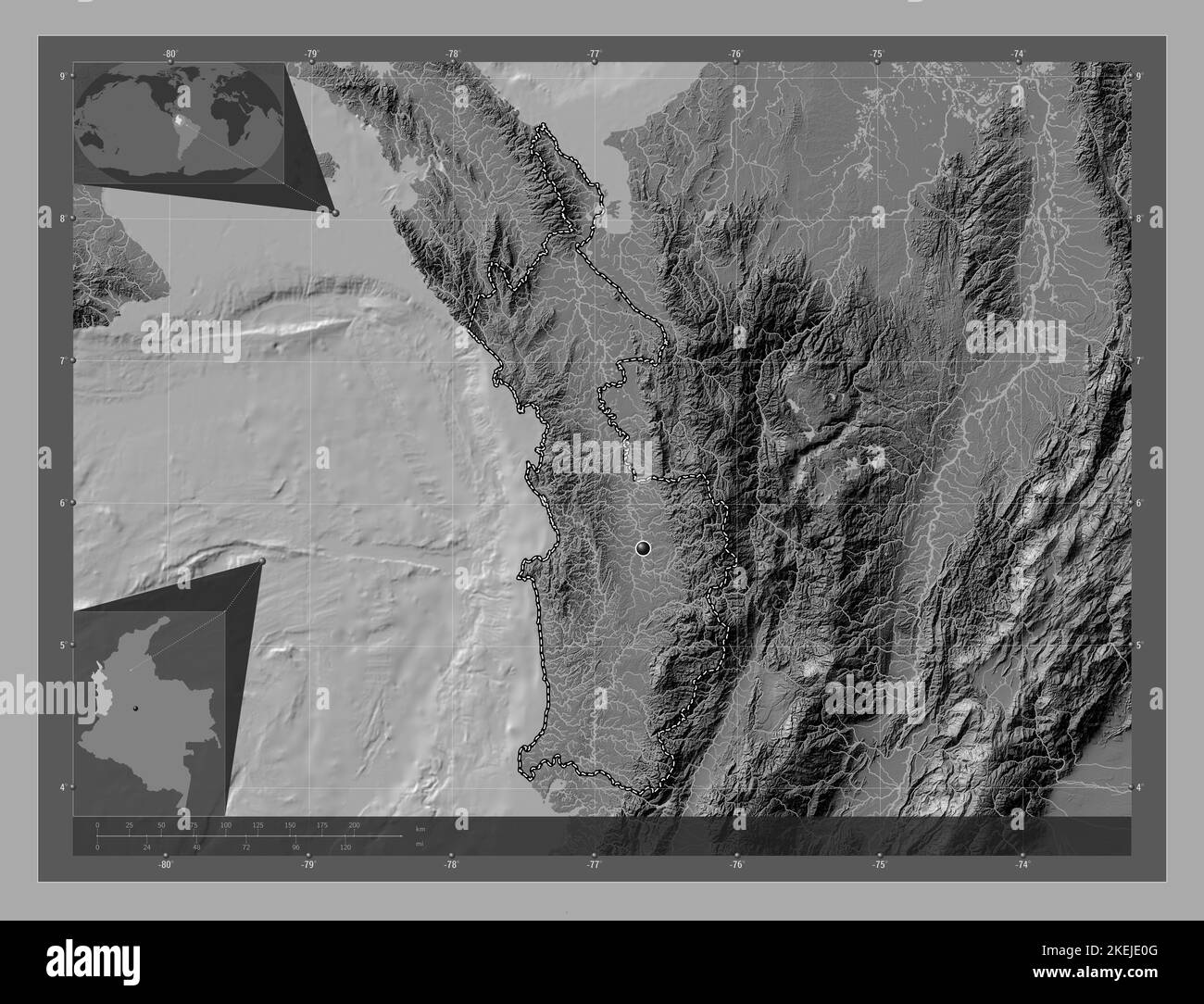 Choco, department of Colombia. Bilevel elevation map with lakes and ...