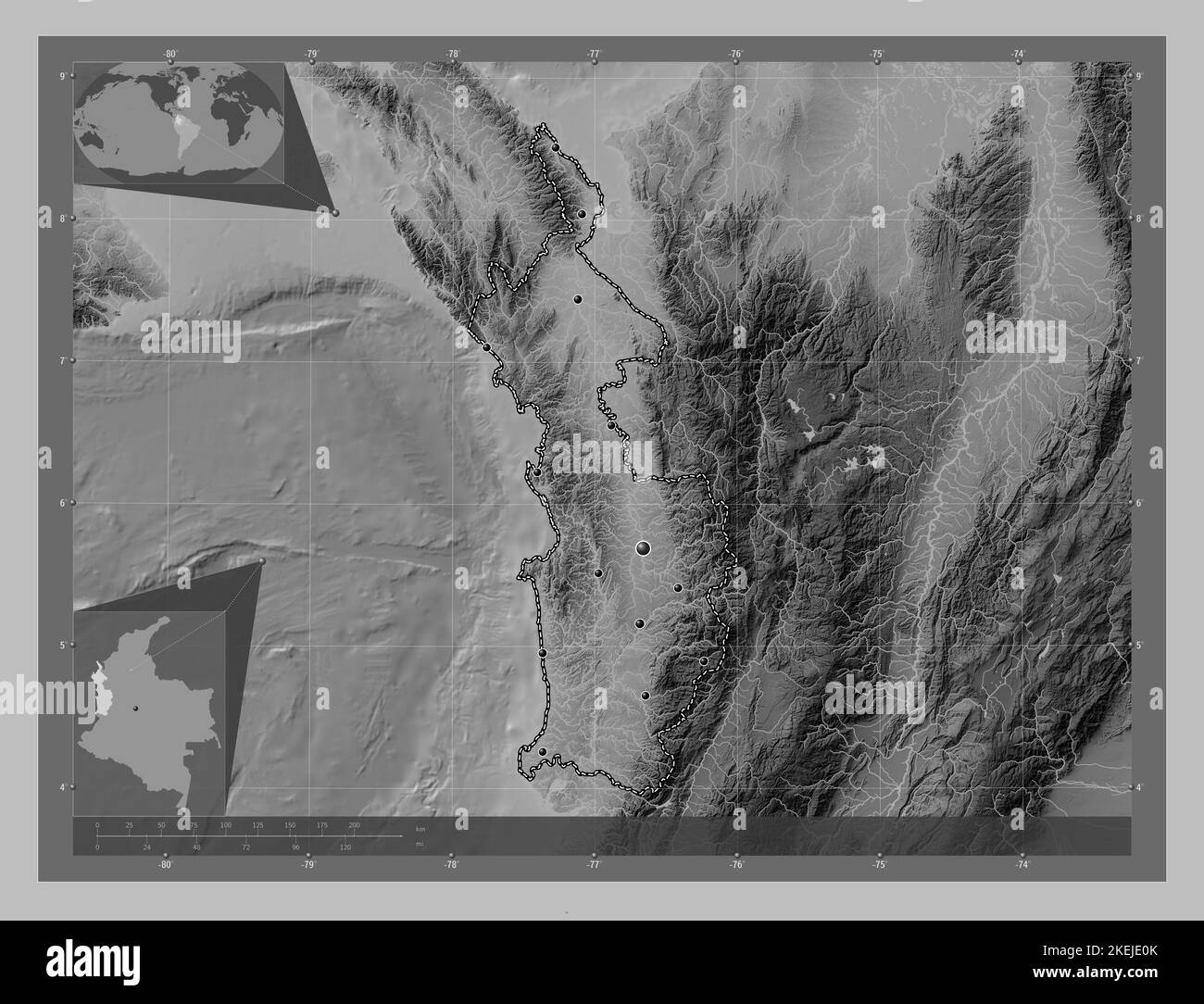 Choco, department of Colombia. Grayscale elevation map with lakes and ...