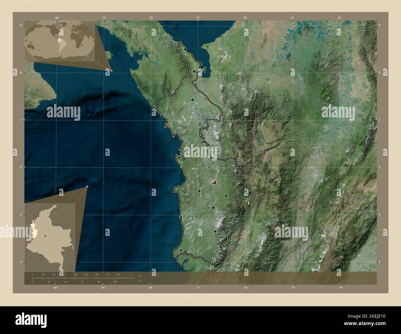 Choco, department of Colombia. High resolution satellite map. Locations ...